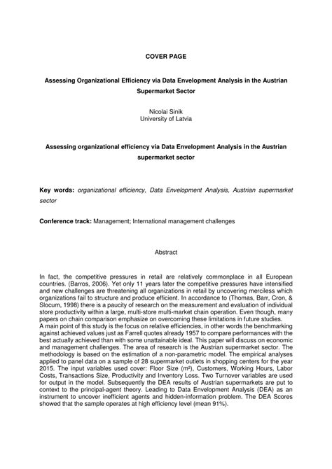 Pdf Assessing Organizational Efficiency Via Data Envelopment Analysis