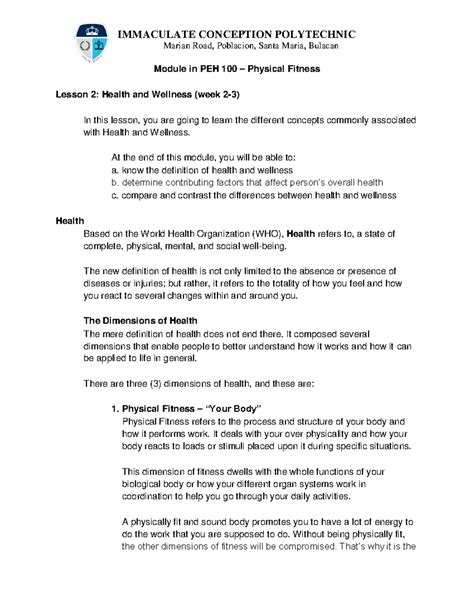 Lesson 2 Health And Wellness Immaculate Conception Polytechnic Marian Road Poblacion Santa