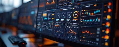 Monitors Displaying Financial Data Analytics In Modern Control Room Stock Illustration