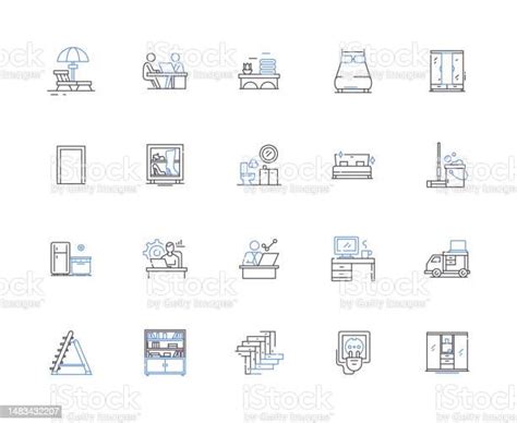 가구 개요 아이콘 모음입니다 소파 의자 테이블 책상 침대 책장 옷장 벡터 및 일러스트레이션 개념 세트 오토만 소파 선반 선형 표지판 2 층침대에 대한 스톡 벡터 아트 및