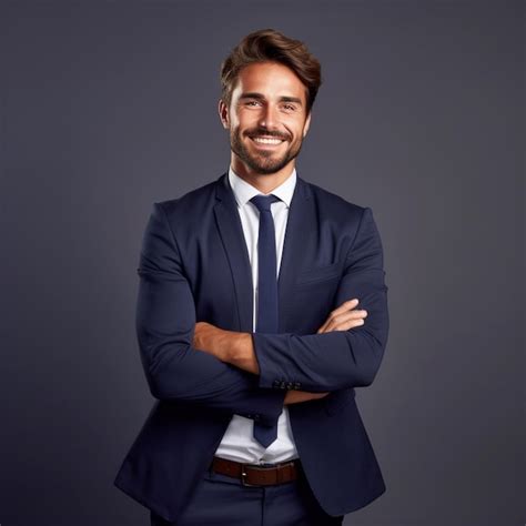 Happy Handsome Businessman With Crossed Arms Minimalist Backdrop Business Work Office Guy Man