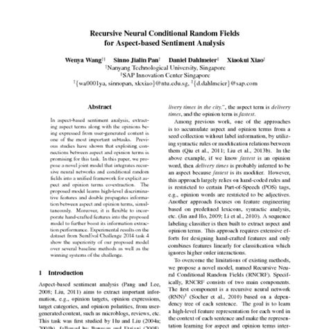 Recursive Neural Conditional Random Fields For Aspect Based Sentiment Analysis Acl Anthology