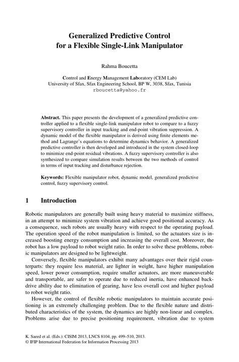Pdf Generalized Predictive Control For A Flexible Single Link Manipulator