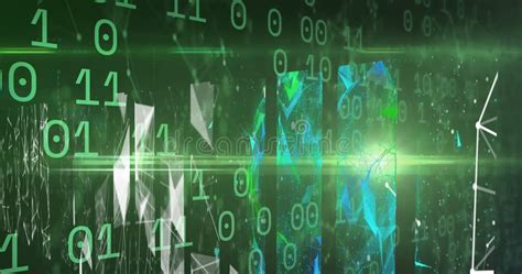 Binary Coding Data Processing Over Screens Of Plexus Networks Against Green Background Stock