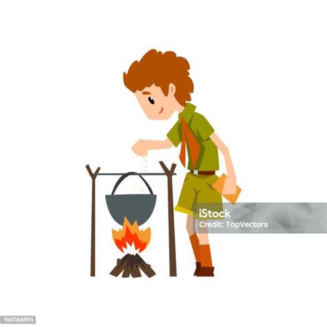 보가 스카우트 캐릭터 모닥불 야외 활동 및 캠핑에 생존 활동 가마솥에서 음식을 조리 하는 유니폼에 흰색 배경에 그림 벡터 교육에 대한 스톡 벡터 아트 및 기타 이미지