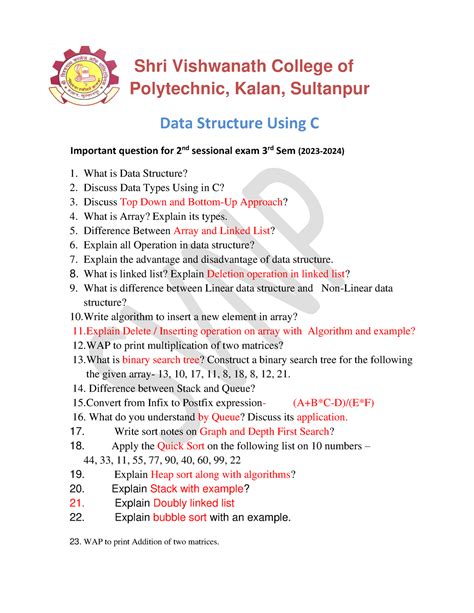 DATA Structure Important Questions For 2nd Sessional 2023 Shri