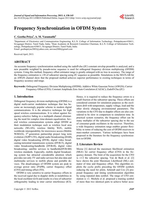 Pdf Frequency Synchronization In Ofdm System