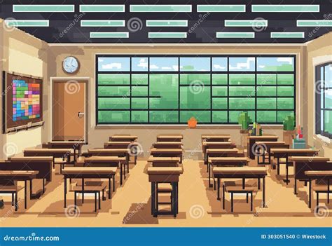 Ai Generated Illustration Of A Pixelated Empty Educational Classroom With Desks And Chairs Stock