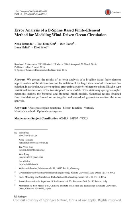 Error Analysis Of A B Spline Based Finite Element Method For Modeling Wind Driven Ocean