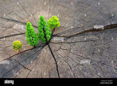 Miniature Toy Trees Placed On A Large Tree Stump Close Up Creative