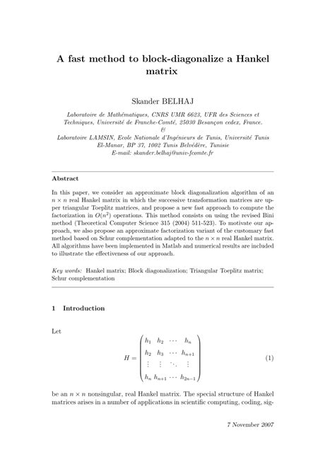 Pdf A Fast Method To Block Diagonalize A Hankel Matrix