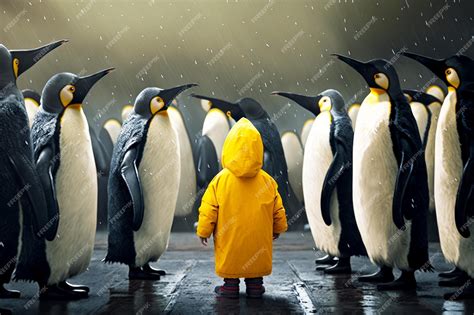 빗 속에서 펭귄 무리 앞에 서 있는 어린 소년 Generative Ai 프리미엄 사진