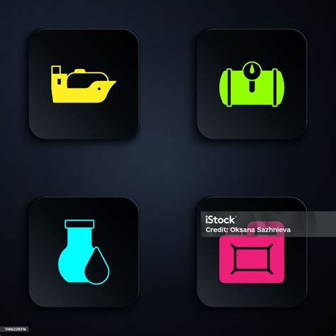 모터 오일 유조선 선박 휘발유 시험관 및 가스 차량용 캐니스터를 설정합니다 검은색 사각형 버튼입니다 벡터 0명에 대한 스톡 벡터