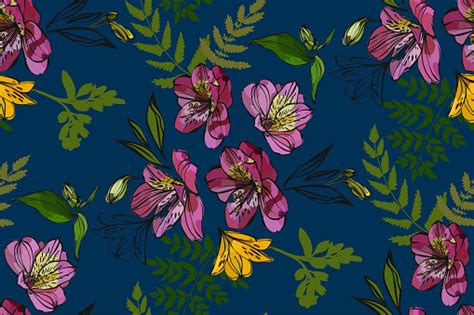 열 대 꽃과 잎과 꽃 완벽 한 패턴입니다 그려 식물 그림 손입니다 섬유 인쇄 직물 견본 포장지입니다 귀여운에 대한 스톡 벡터 아트 및 기타 이미지 Istock