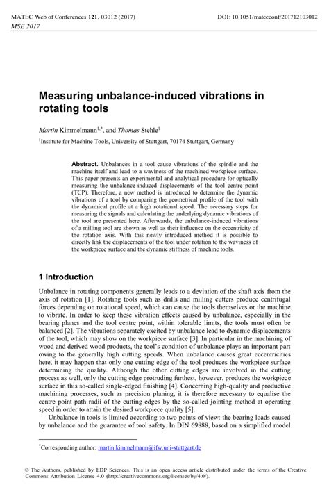 Pdf Measuring Unbalance Induced Vibrations In Rotating Tools