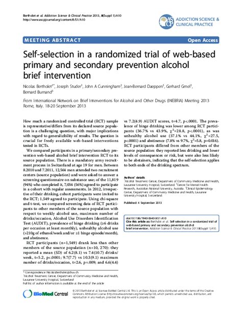 Self Selection In A Randomized Trial Of Web Based Primary And Secondary Prevention Alcohol Brief