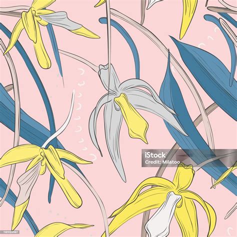 핑크 노란색과 파란색 색상의 이국적인 식물 부드러운 난초 꽃다발 패턴 하와이 식물 꽃 질감 벽지입니다 추상 식물 낙서 배경 관목에 대한 스톡 벡터 아트 및 기타 이미지