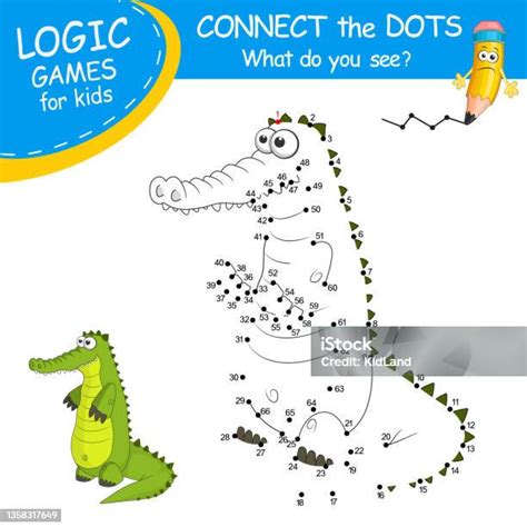 도트를 숫자로 연결하여 악어를 그립니다 점 도트 교육 게임 및 색칠 페이지 만화 귀여운 말 캐릭터와 함께 대답논리 게임 교육 카드 학습 계산 번호 가리키기에 대한 스톡 벡터