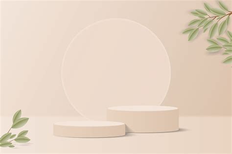 베이지 색 또는 갈색 파스텔 색상의 스튜디오 룸에서 최소한의 장면 나뭇가지 둥근 유리 모양이 있는 현실적인 3d 갈색 실린더 연단 받침대 제품 디스플레이 프리젠 테이션