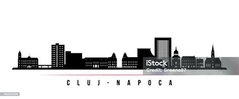 클루지나포카 스카이라인 가로 배너 루마니아 클루지나포카의 흑백 실루엣 디자인을 위한 벡터 템플릿입니다 0명에 대한 스톡 벡터
