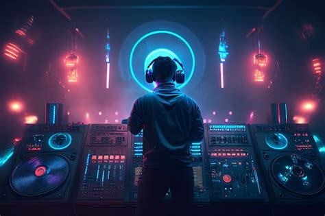 제너레이티브 Ai 기술로 만든 나이트클럽 파티에서 전자 음악을 믹싱하는 Dj 플레이어 오디오 프리미엄 사진