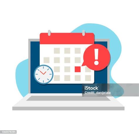 랩톱 컴퓨터에서 캘린더 및 시계 계획 예약 앱 시간표 미리 알림 앱 개념 달력에 대한 스톡 벡터 아트 및 기타 이미지 달력 상기시켜 주는 것 알림 아이콘 Istock
