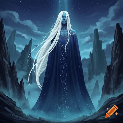 A Silver Haired Sorceress Goddess In Ornate Gold And Turquoise Attire