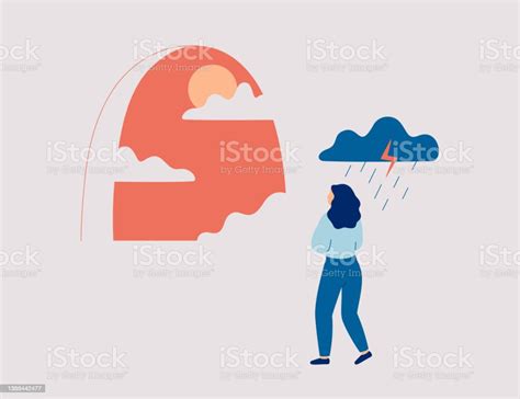 여자는 우울증을 제거하고 불안과 스트레스를 싸우고 싶어합니다 슬픈 암컷은 비오는 구름 아래 서서 햇빛을 바라본다 희망에 대한 스톡 벡터 아트 및 기타 이미지 Istock