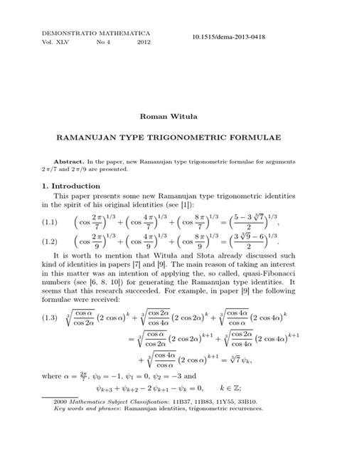 Ramanujan Type Trigonometric Formulae Pdf Polynomial Square Root
