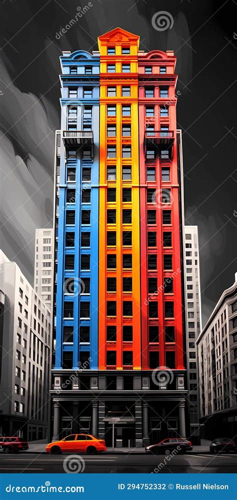 Greyscale Building With Pops Of Bold Color Stock Illustration