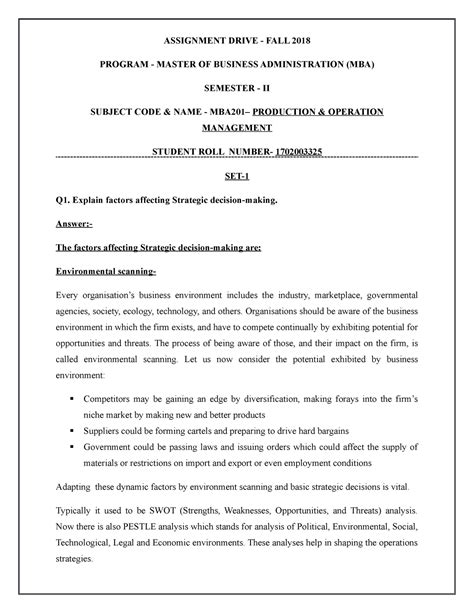 Mba201 Production And Operation Management Assignment Drive Fall