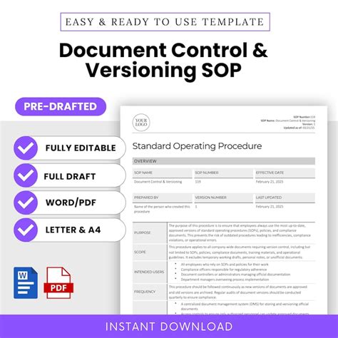 Document Control And Versioning Sop Template Word Pdf Simple