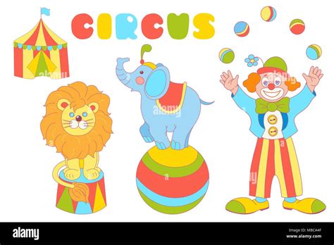 Circus Characters Vector Set Clown Juggler Elephant On The Ball Lion