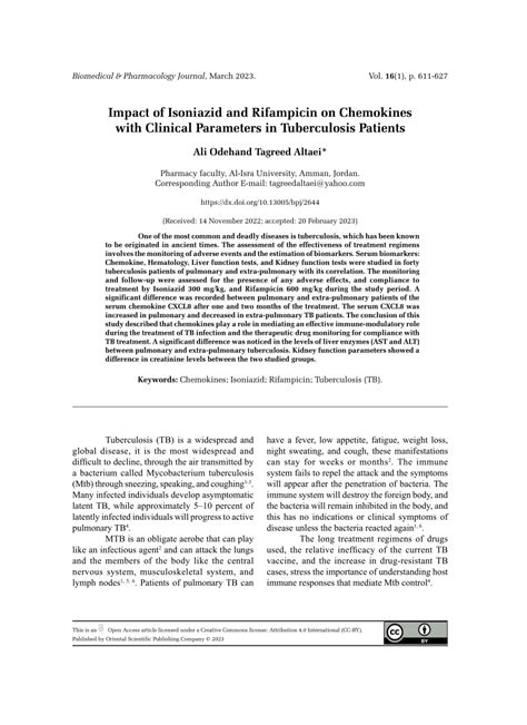 Pdf Impact Of Isoniazid And Rifampicin On Chemokines With Clinical Parameters In Tuberculosis
