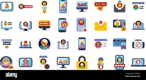 Blocked User Account Icons Set Access Denied Restriction Login Problem Spam Flat Vector