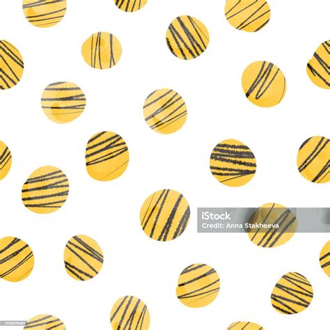 검은 선이있는 손으로 그린 이음새없는 노란색 원 패턴 낙서 모양의 추상적 인 기하학적 끝없는 질감 그리기에 대한 스톡 벡터 아트