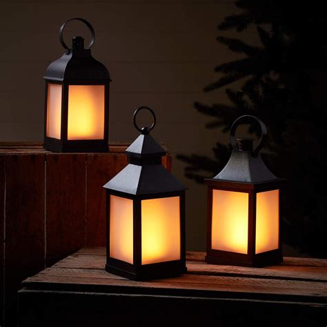 Lights4fun Set Of 3 Outdoor Garden Black Candle Lanterns Battery