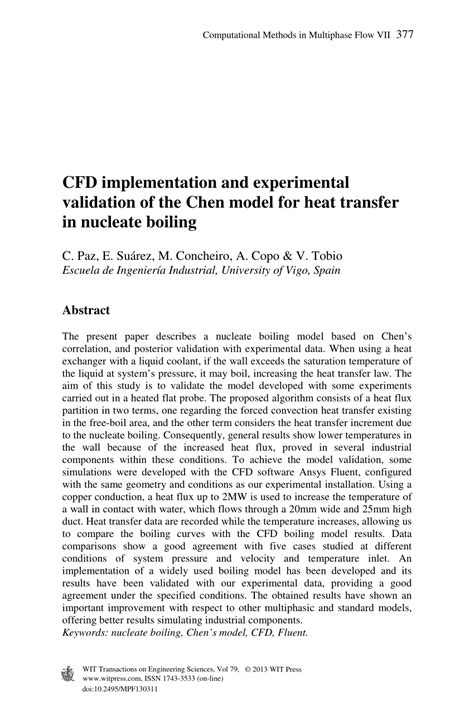 Pdf Cfd Implementation And Experimental Validation Of The Chen Model For Heat Transfer In