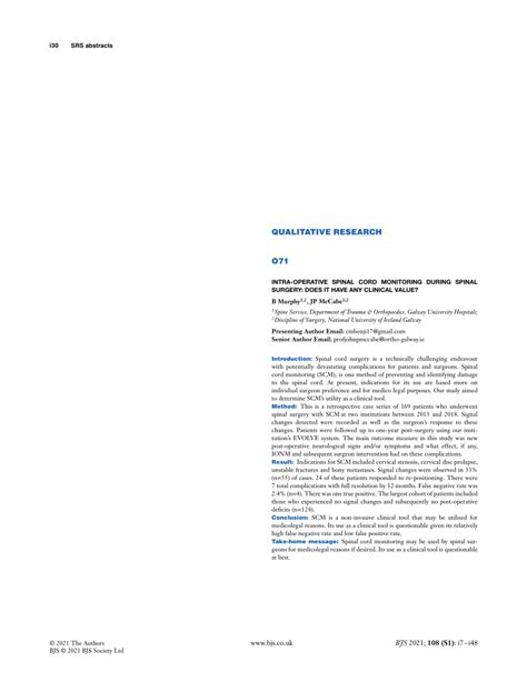 Pdf O71 Intra Operative Spinal Cord Monitoring During Spinal Surgery Does It Have Any