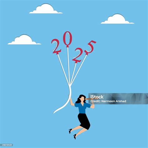 2025 년 비전 성취 또는 성공 계획 경력 목표 또는 경제 예측 업무 성공에 대한 열망 새해 결심 개념 망원경으로 2025 풍선으로 비행 한 사업가 2025년에 대한 스톡