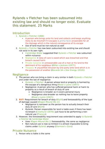 A Level Law Rylands V Fletcher Evaluation Model Plan Teaching