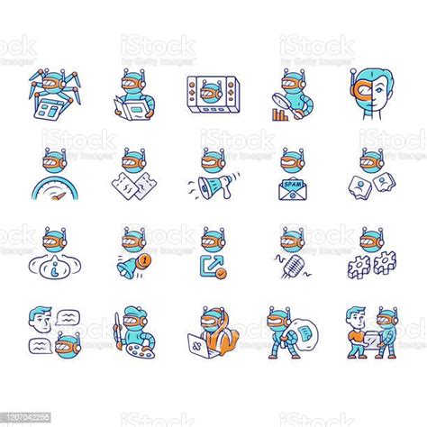 봇 은 색상 아이콘 세트를 입력합니다 크롤러 해커 스팸봇 사칭자 스크레이퍼 선전 정보 로봇 기술 인공 지능 Ai 가상 현실 격리된 벡터 일러스트레이션 개념에 대한 스톡 벡터