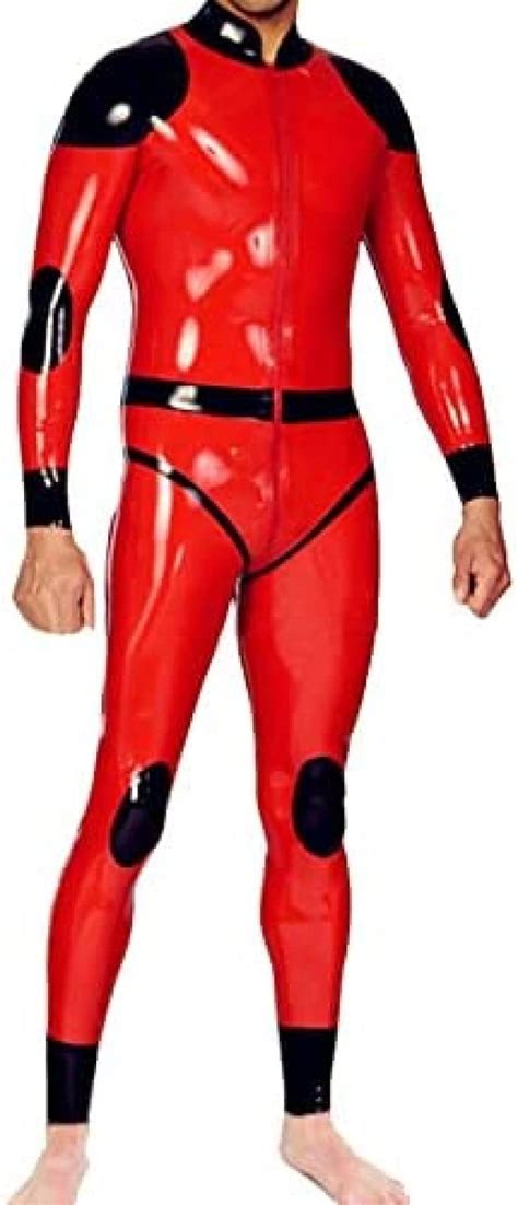 Front Zip Male Latex Tight Suit Rubber Red And Black Trims
