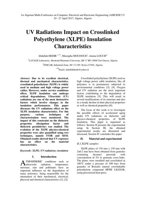 Pdf Uv Radiations Impact On Crosslinked Polyethylene Xlpe Insulation Characteristics