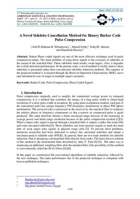 Pdf A Novel Sidelobe Cancellation Method For Binary Barker Code Pulse Compression