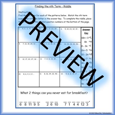 Algebraic Expressions Representing Pattern Rules Nth Term Riddle Worksheet