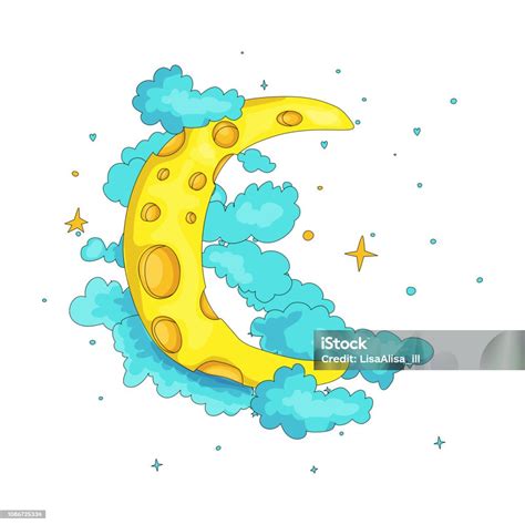 재미 있는 만화 노란색 별과 구름 아이콘 중에서 초승달 달 흰색 바탕에 장식으로 노란 마술 초승달 달 마법의 노란 초승달 달 꿈 벡터 아이콘에 과학에 대한 스톡 벡터 아트