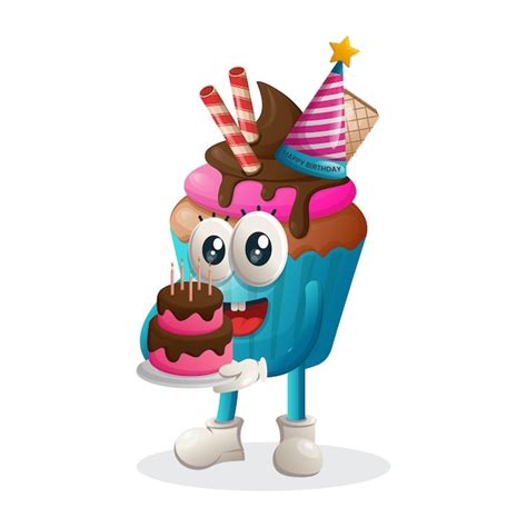 생일 케이크를 들고 생일 모자를 쓰고 귀여운 컵 케이크 마스코트 프리미엄 벡터