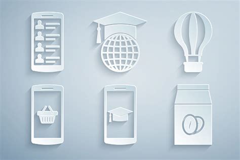 모바일 열기구 장바구니 커피 콩 주머니 지구본 및 연락처 아이콘이 있는 스마트폰에 졸업 모자를 설정합니다 벡터 3차원 형태에 대한 스톡 벡터 아트 및 기타 이미지 Istock