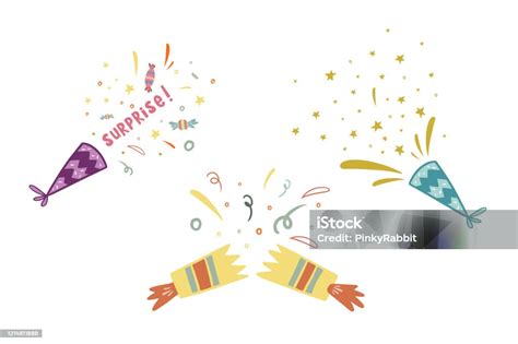 색종이 세트입니다 생일 디자인입니다 벡터 그림입니다 불꽃 놀이의 집합입니다 플랫 스타일로 만화 그리기 색종이 조각에 대한 스톡